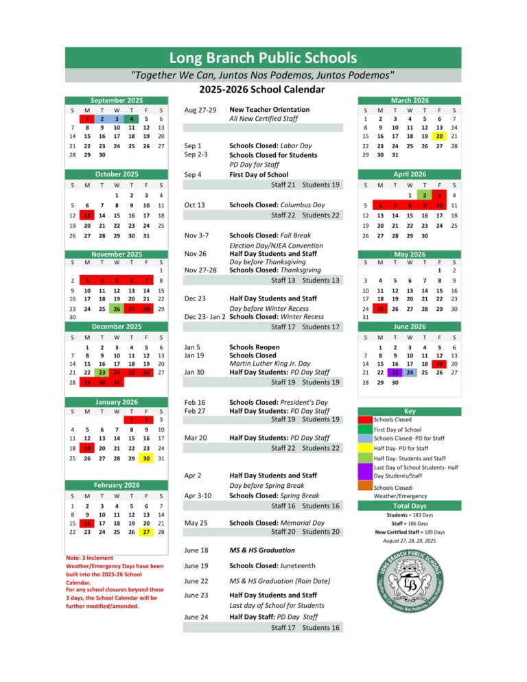 Long Branch Public Schools Calendar 25-26 Revised [PDF] - EduCounty