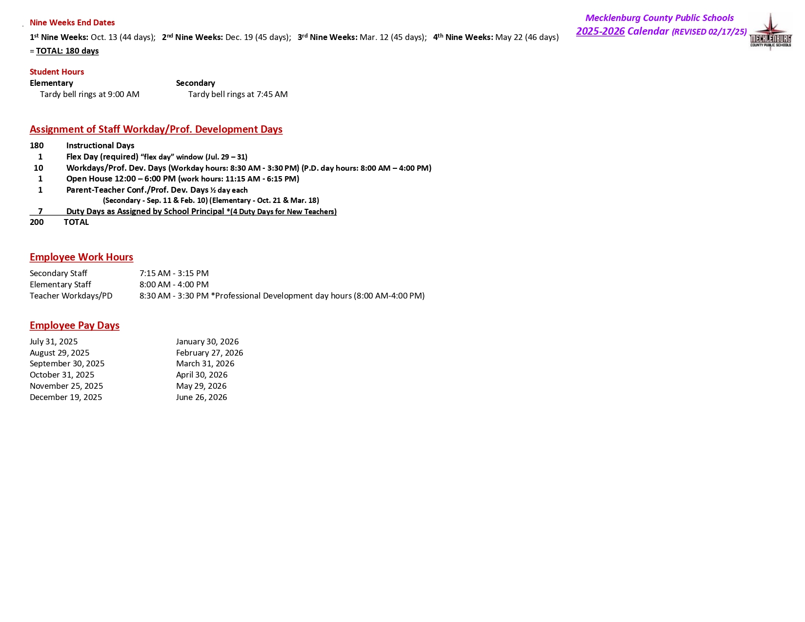 Mecklenburg County Public Schools Calendar 25-26 Revised [PDF] - EduCounty