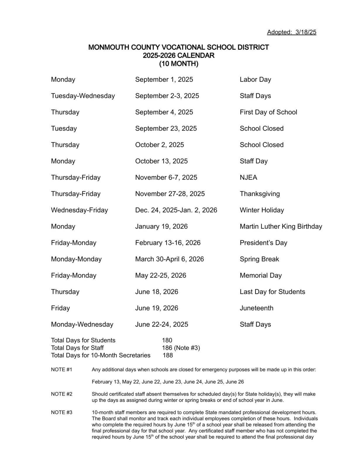 Monmouth County Vocational School District Calendar 25-26 Revised [PDF ...