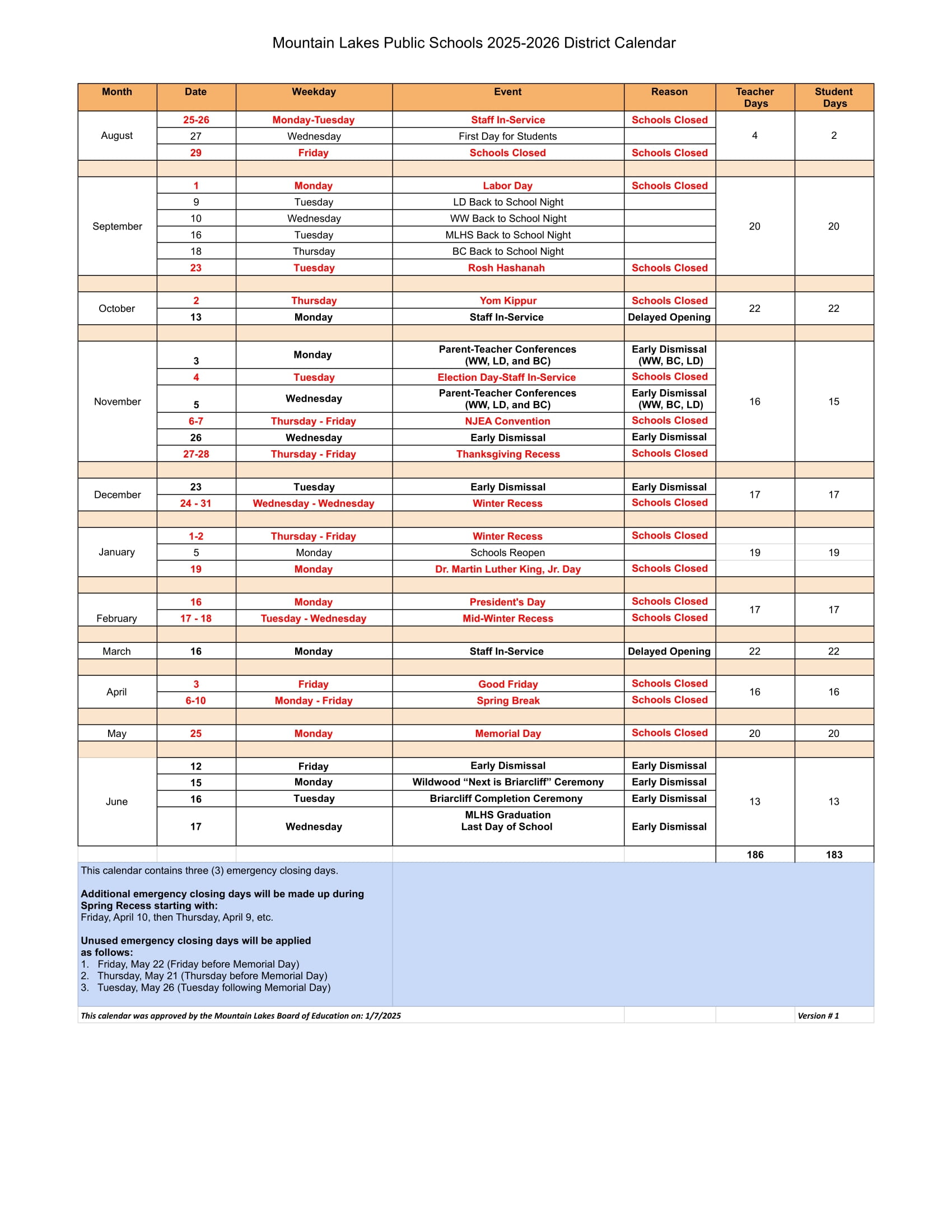 Mountain Lakes school district Calendar 25-26 Revised [PDF] - EduCounty