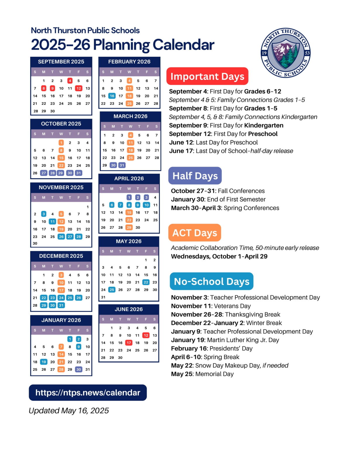 North Thurston Public Schools wa Calendar 25-26 Revised [pdf] - EduCounty