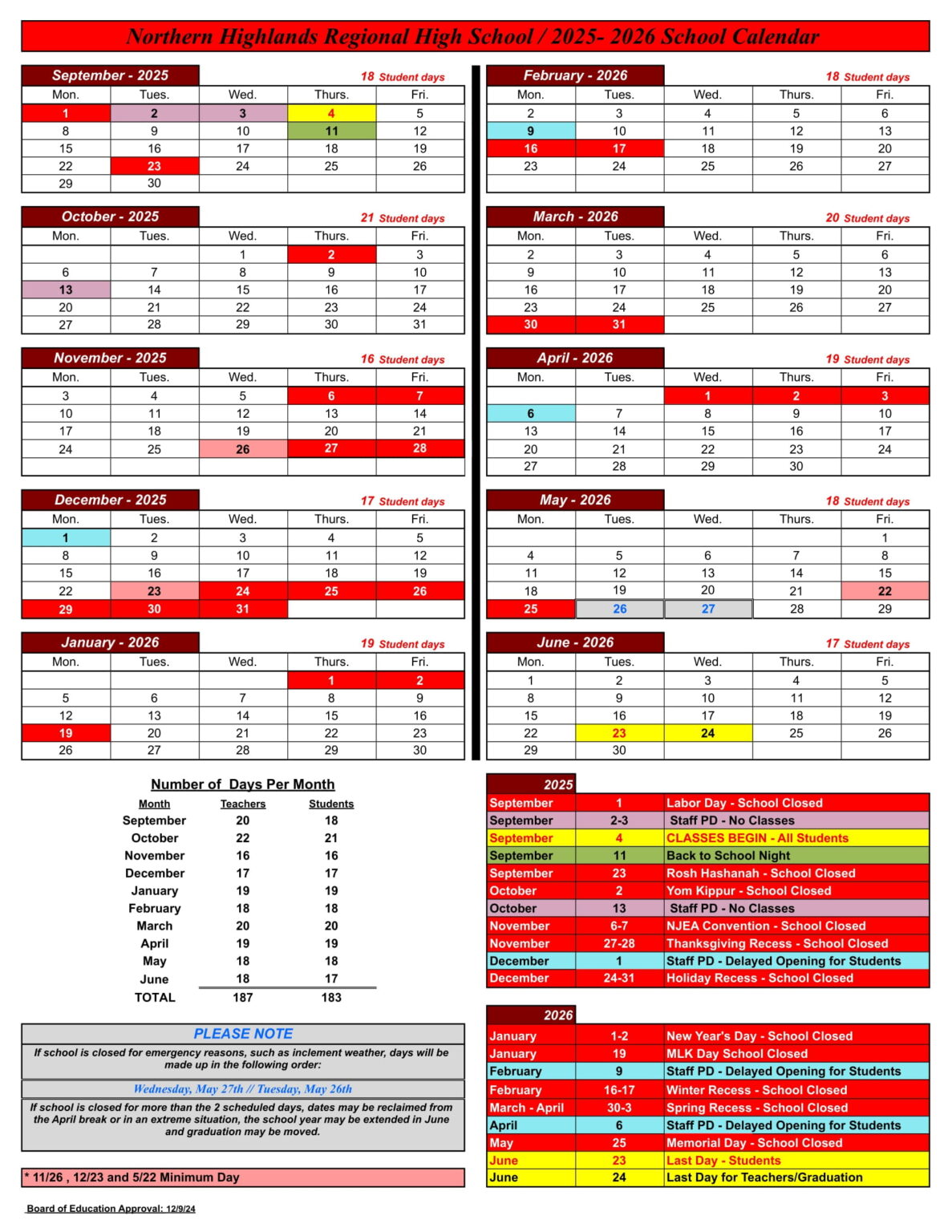 Northern Highlands Regional School calendar 25-26 Revised [PDF] - EduCounty