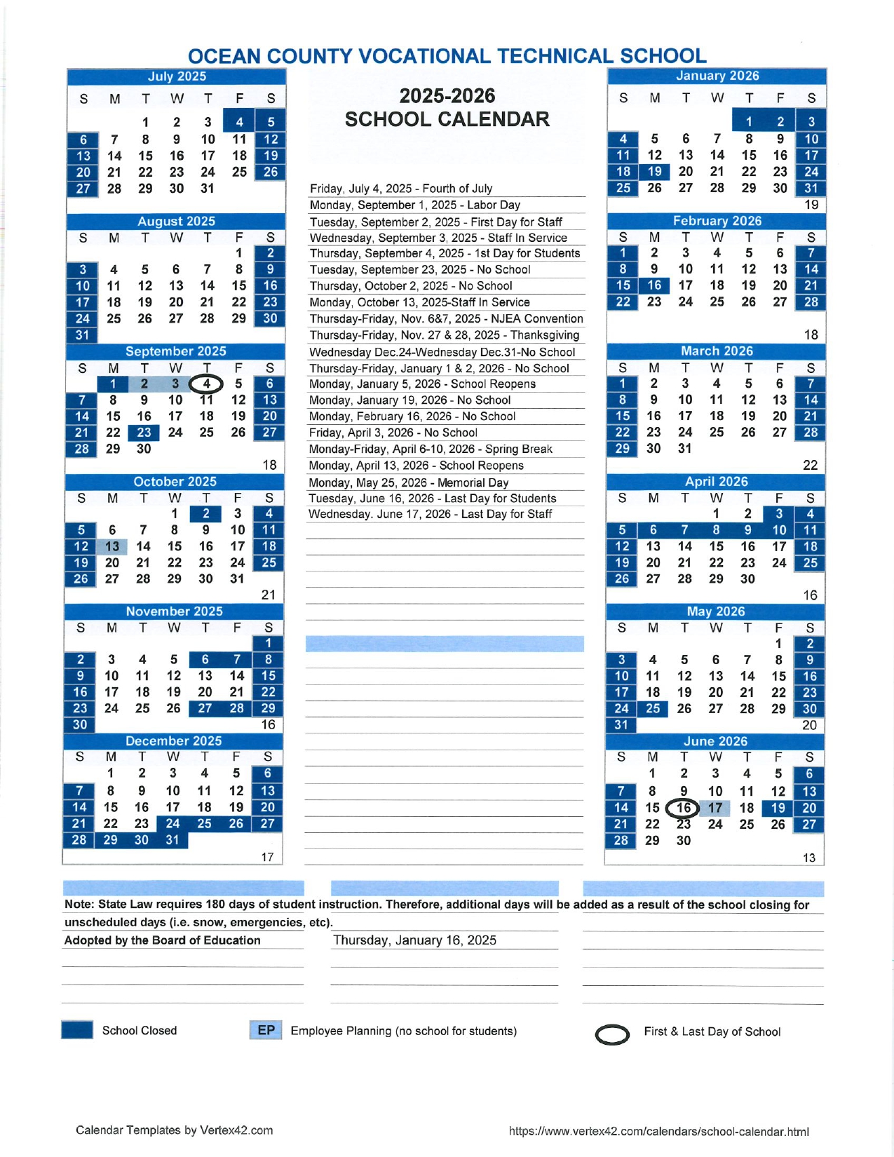 Ocean County Vocational Technical School Calendar 25-26 Revised [PDF ...