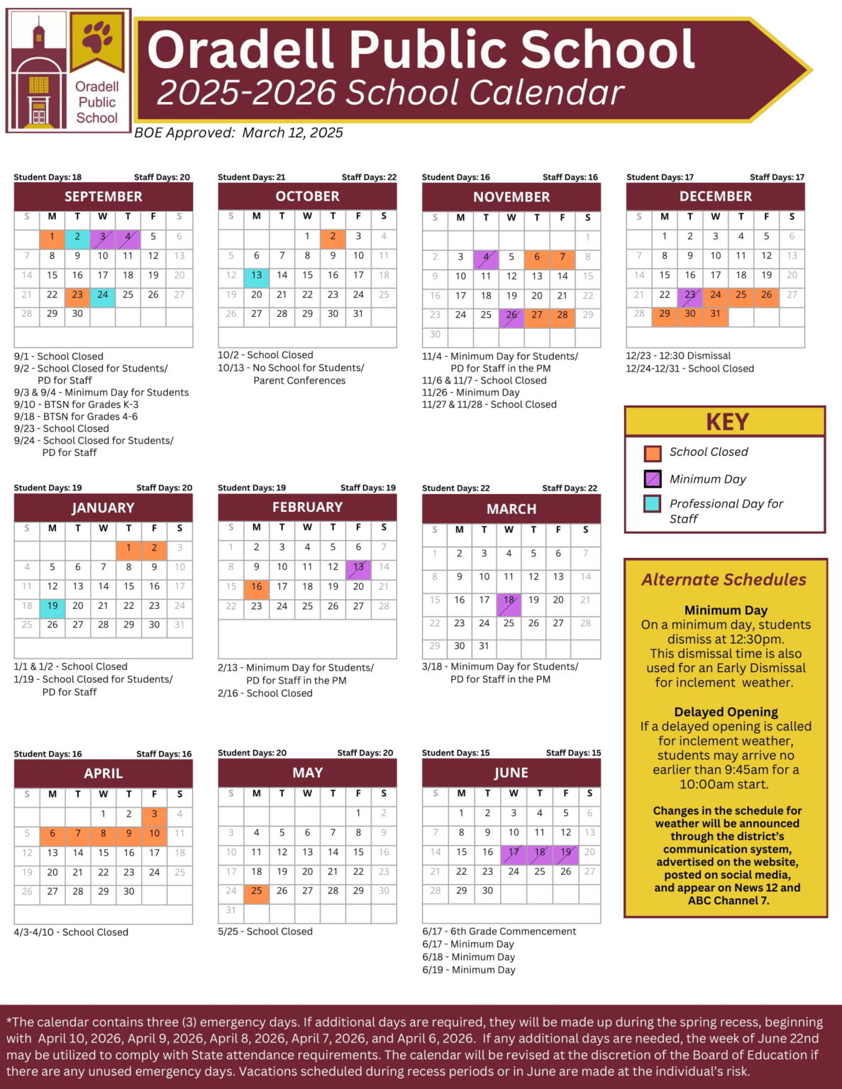 Oradell Public School District Calendar 25-26 Revised [PDF] - EduCounty