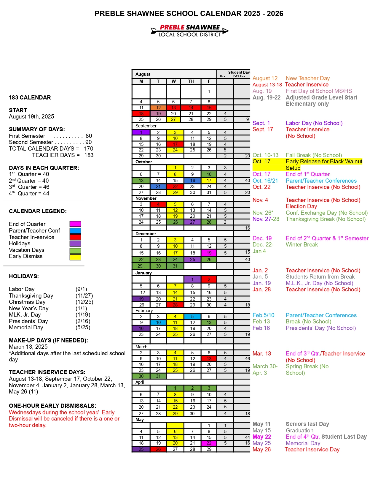Preble Shawnee Local School District Calendar 25-26 Revised [PDF] - EduCounty