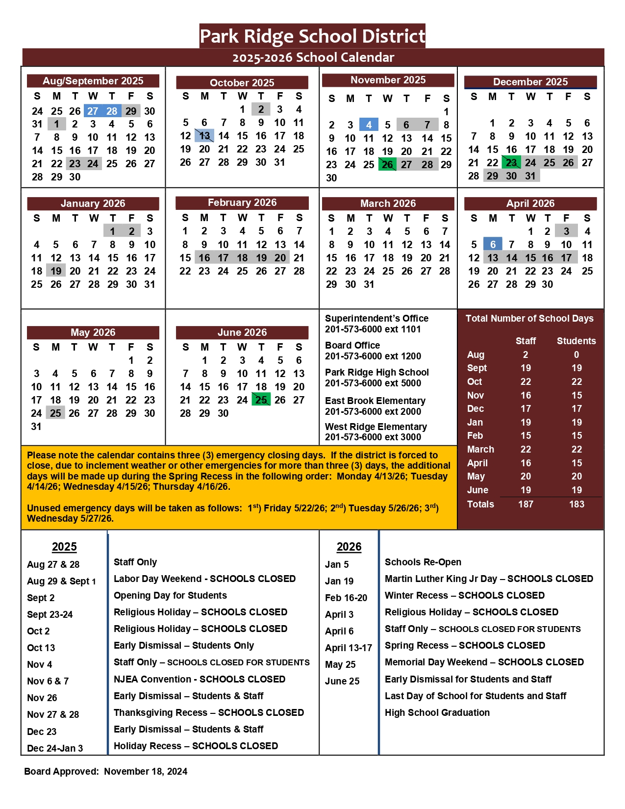 Park Ridge School district calendar 25-26 Revised [PDF] - EduCounty