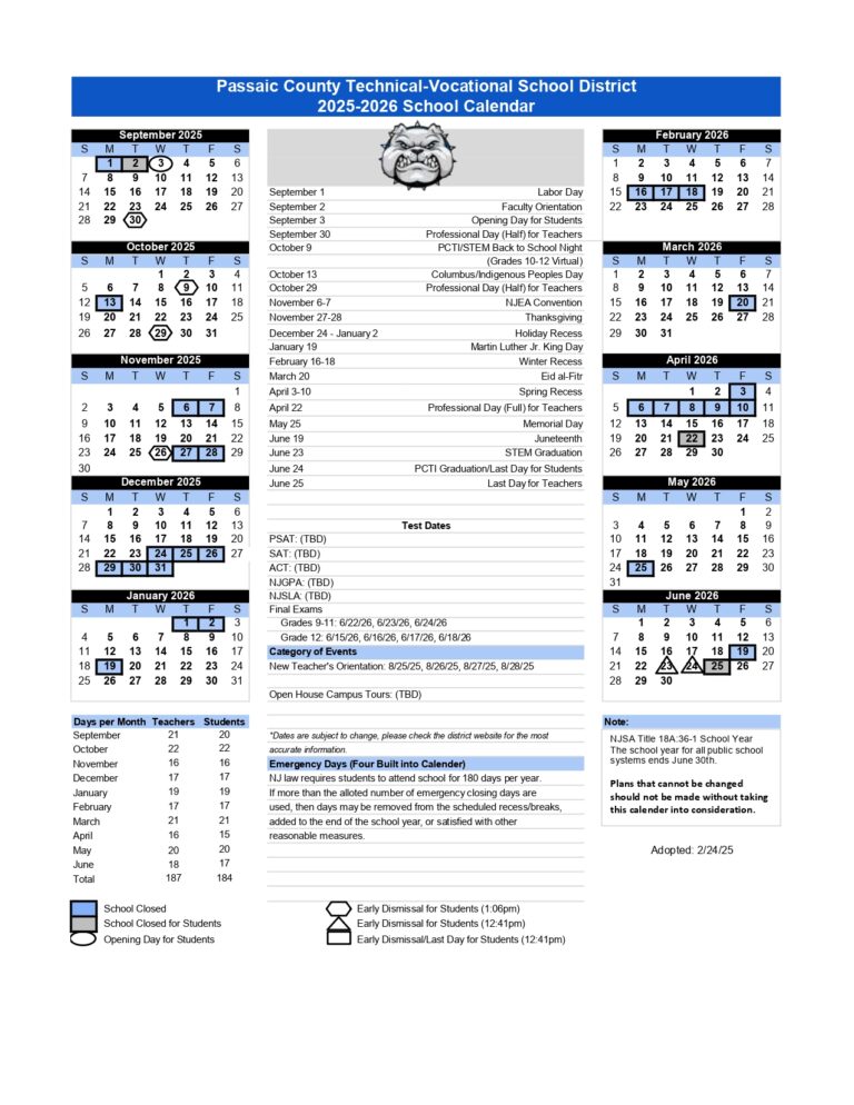 Passaic County Technical Vocational schools Calendar 25-26 Revised [PDF ...