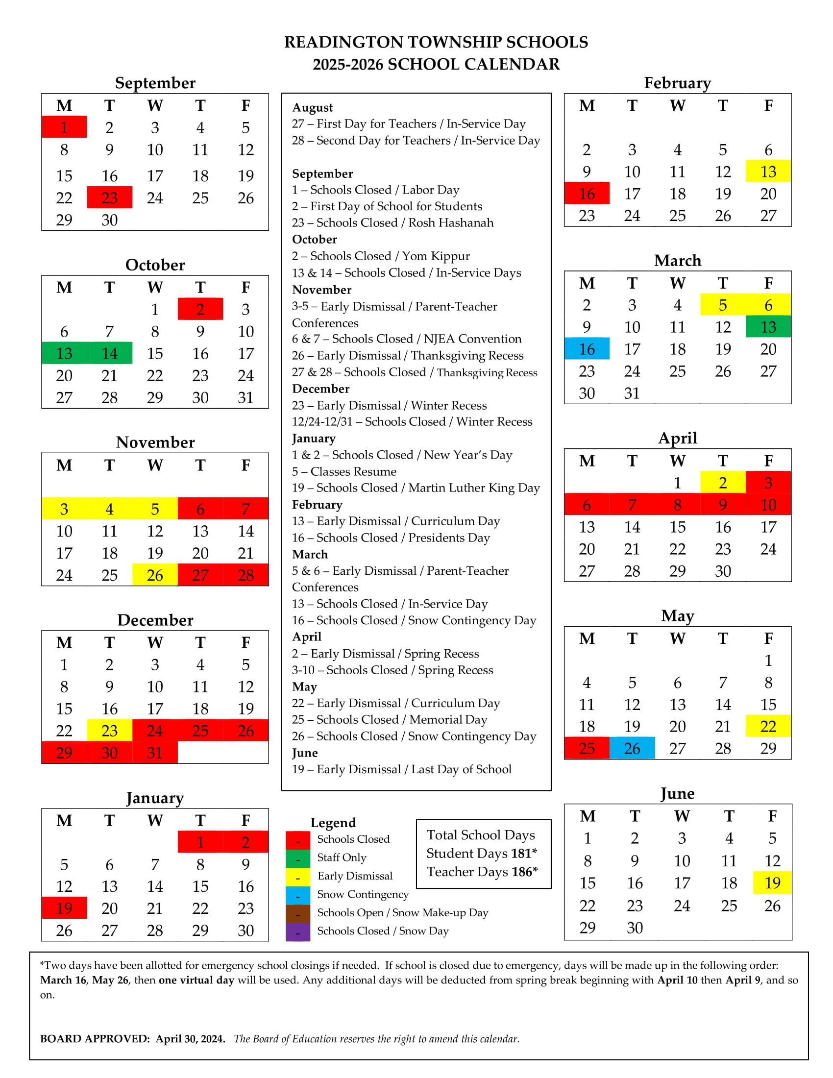 Readington Township School calendar 25-26 Revised [PDF] - EduCounty