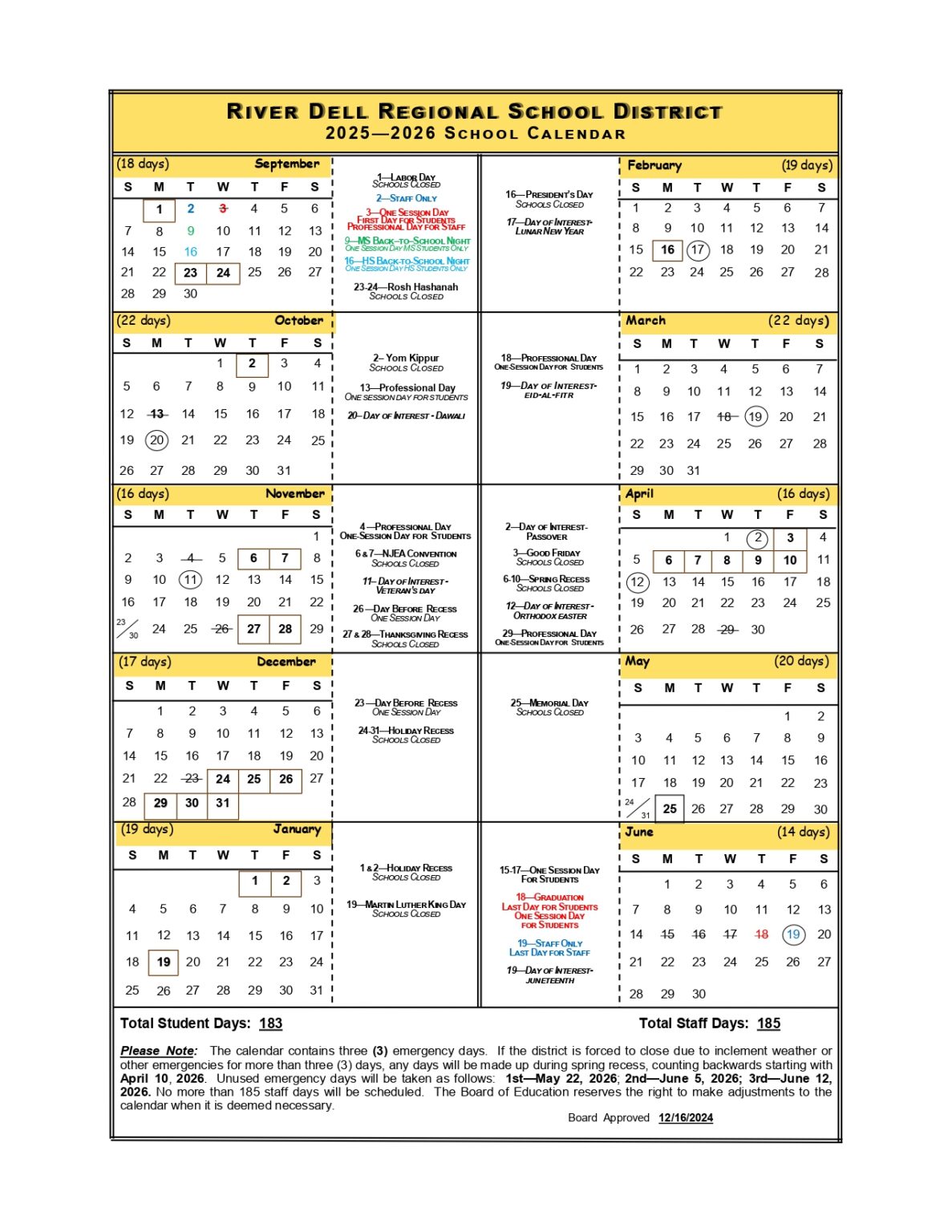 River Dell Regional School District Calendar 25-26 Revised [PDF ...