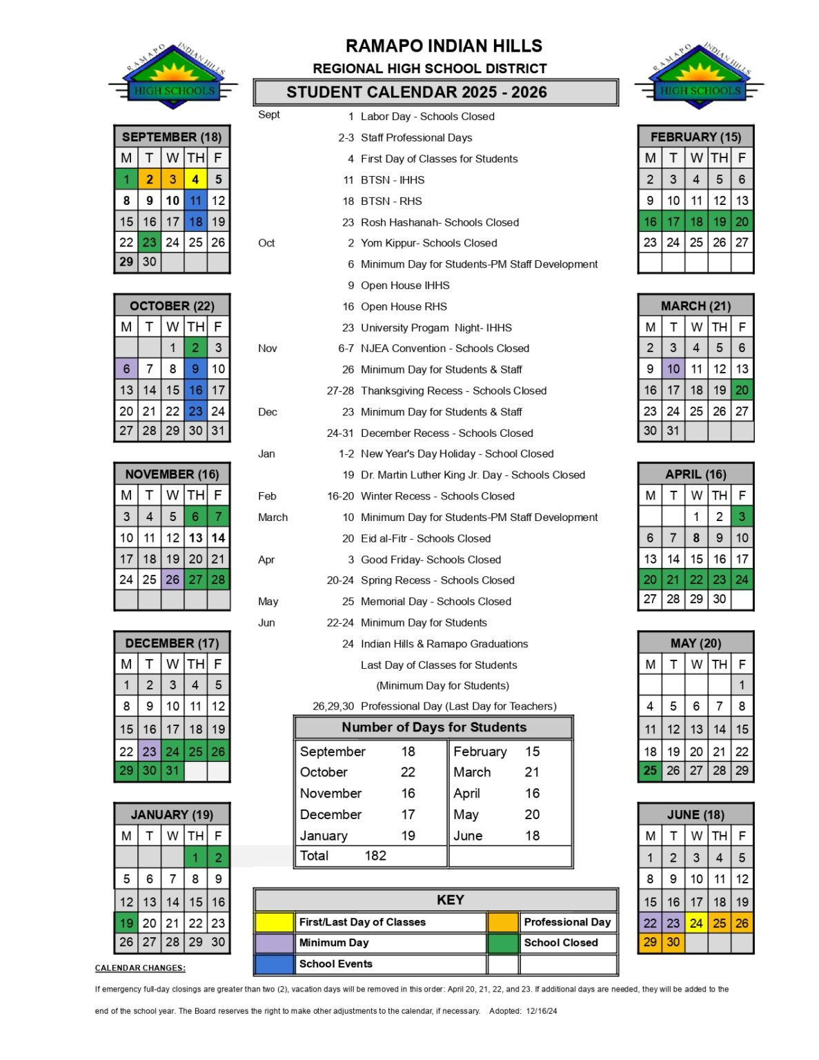 Ramapo Indian Hills Regional H.S. District Calendar 25-26 Revised [PDF ...