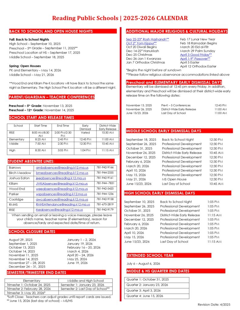 Reading Public Schools Calendar 25-26 Revised [PDF] - EduCounty