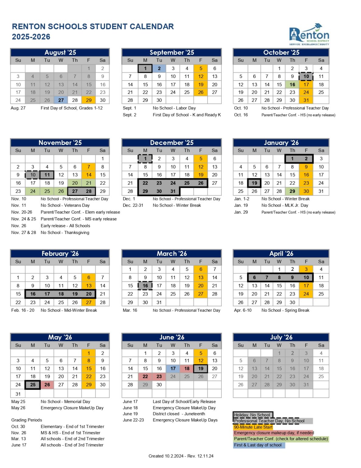 Renton School District wa Calendar 25-26 Revised [PDF] - EduCounty