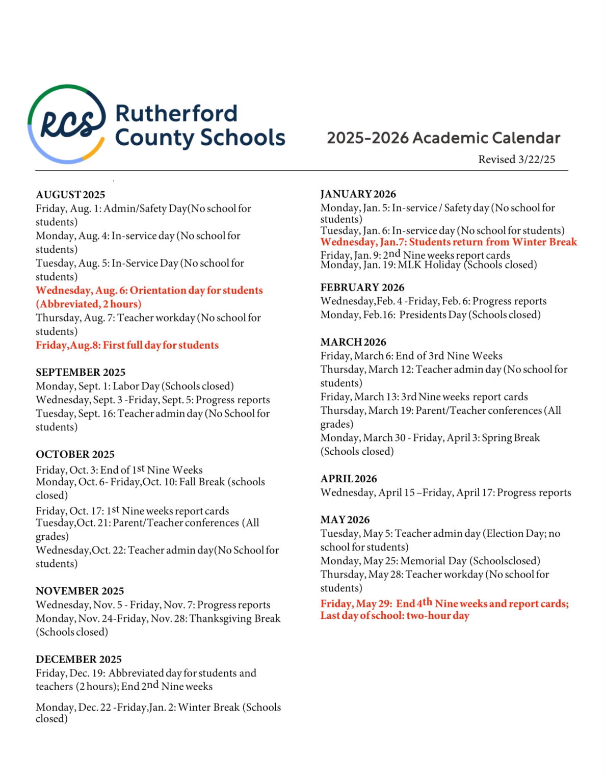 Rutherford County Schools rcs School Calendar 25-26 Revised [PDF ...