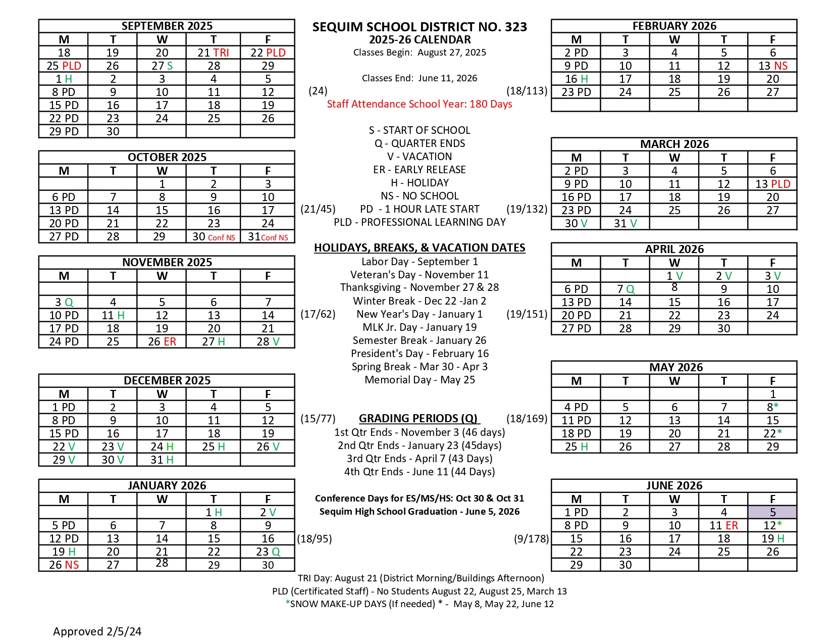 Sequim School District wa Calendar 25-26 Revised [PDF] - EduCounty