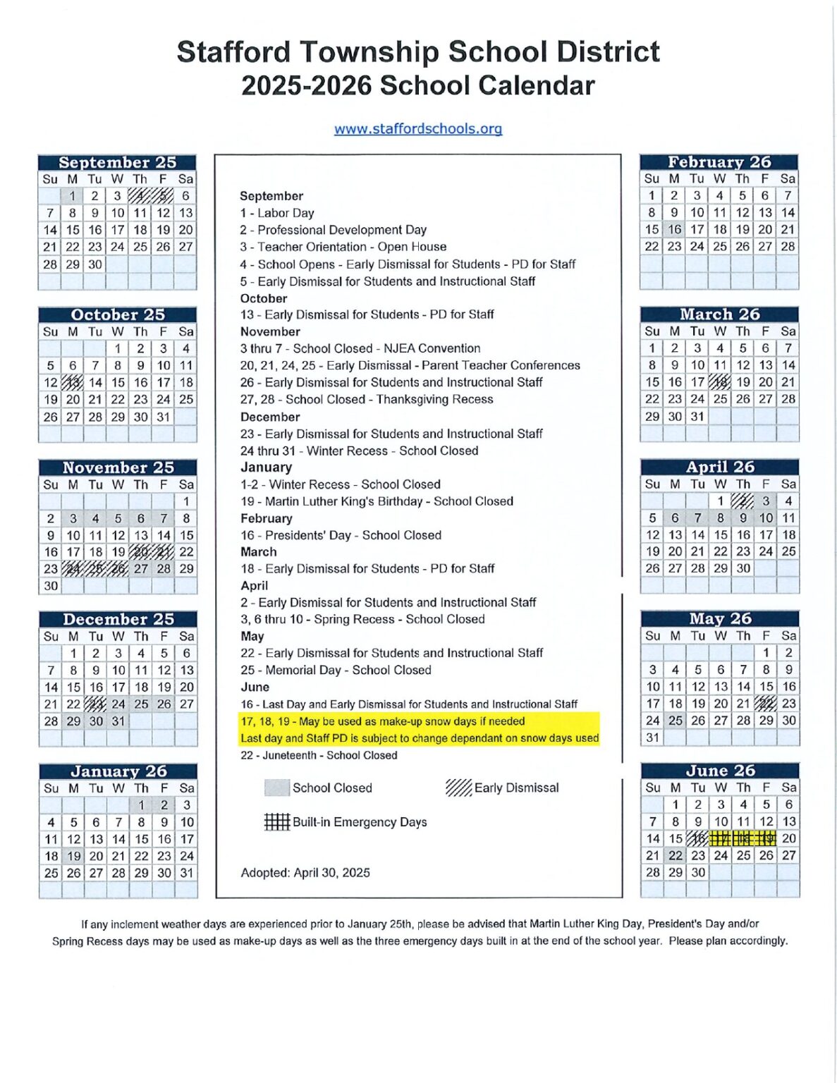 Stafford Township School District Calendar 25-26 Revised [PDF] - EduCounty