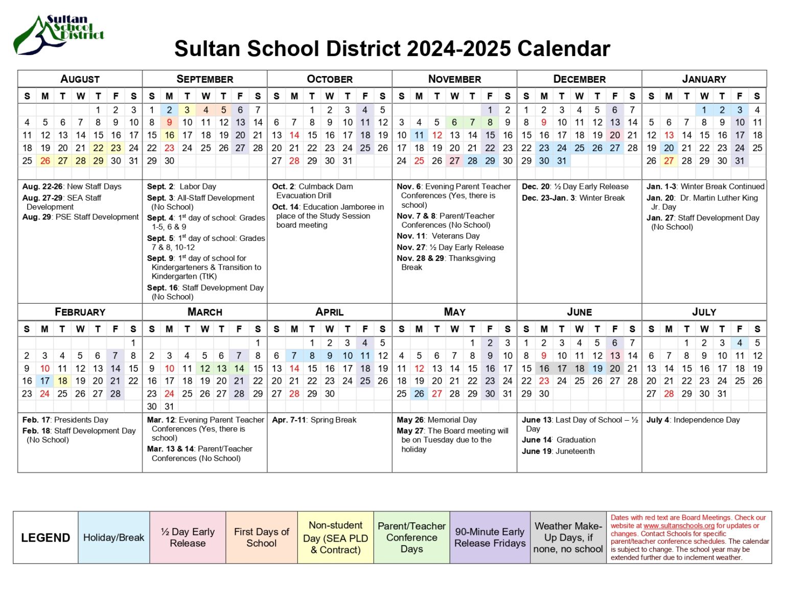 Sultan School District wa Calendar 24-25 Revised [pdf] - EduCounty