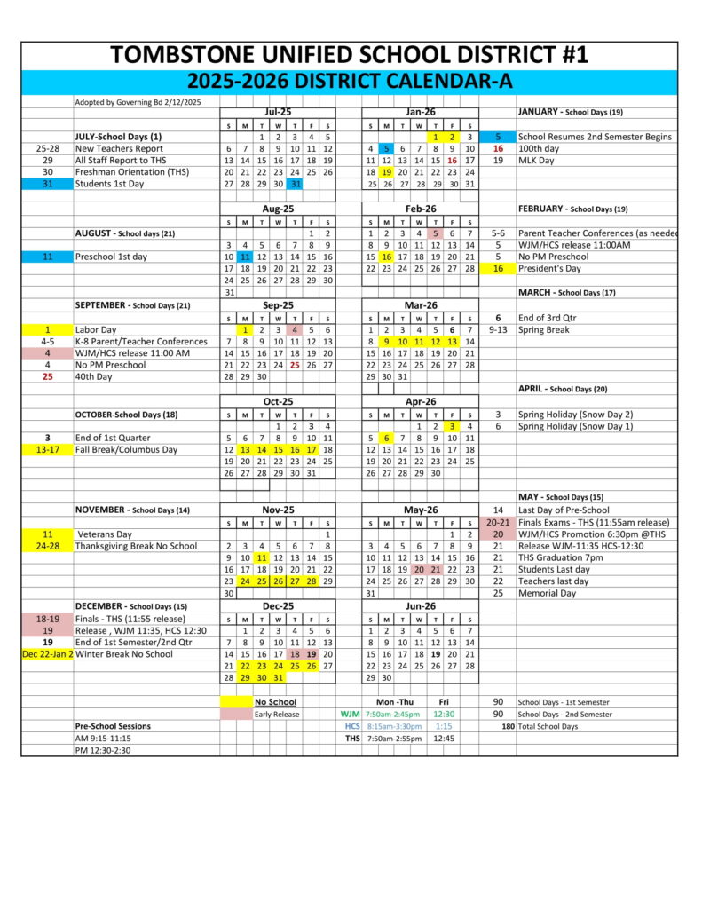 Tombstone Unified School district Calendar 25-26 Revised [PDF] - EduCounty
