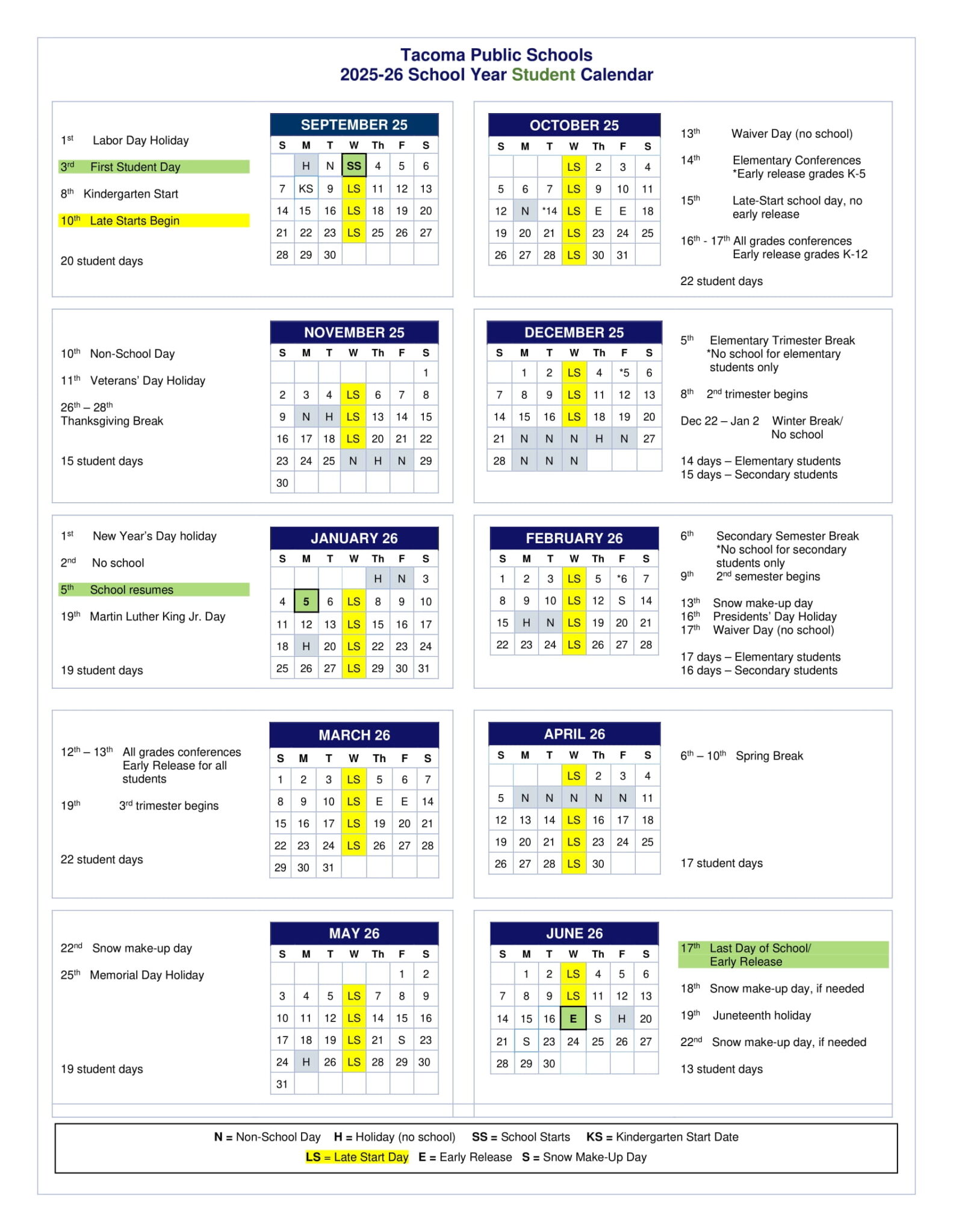 Tacoma Public schools WA calendar 25-26 Revised [PDF] - EduCounty