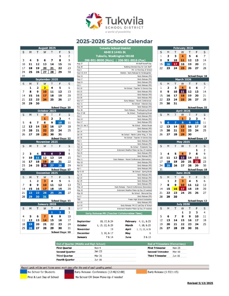 Tukwila School District wa Calendar 25-26 Revised [PDF] - EduCounty