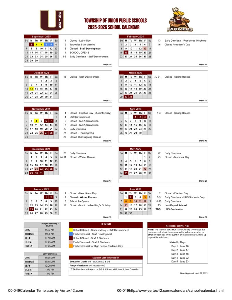 Township of Union Public Schools Calendar 25-26 Revised [PDF] - EduCounty