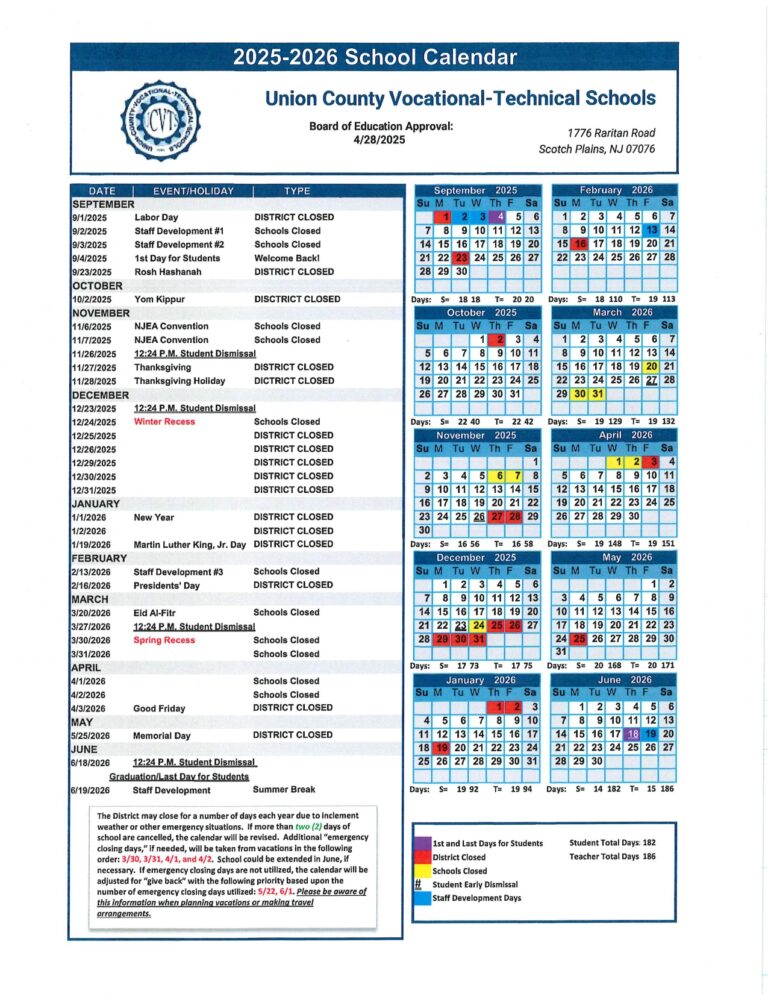 Union County Vocational Technical schools 25-26 Calendar Revised ...