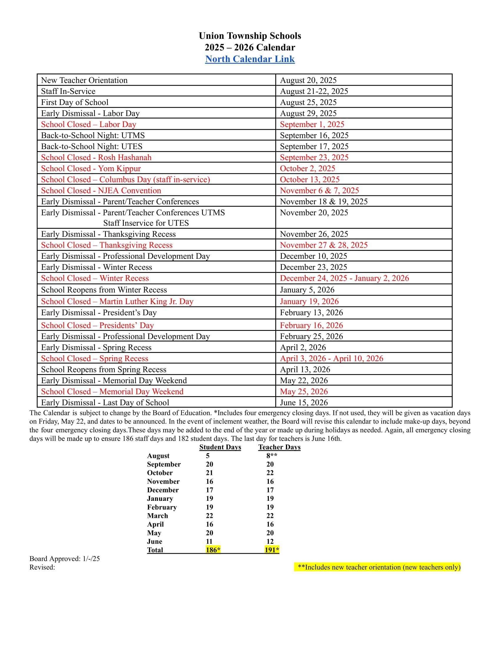 Union Township School District Calendar 25-26 Revised [PDF] - EduCounty