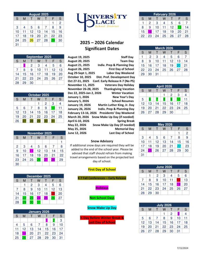 University Place school district calendar 25-26 Revised [PDF] - EduCounty
