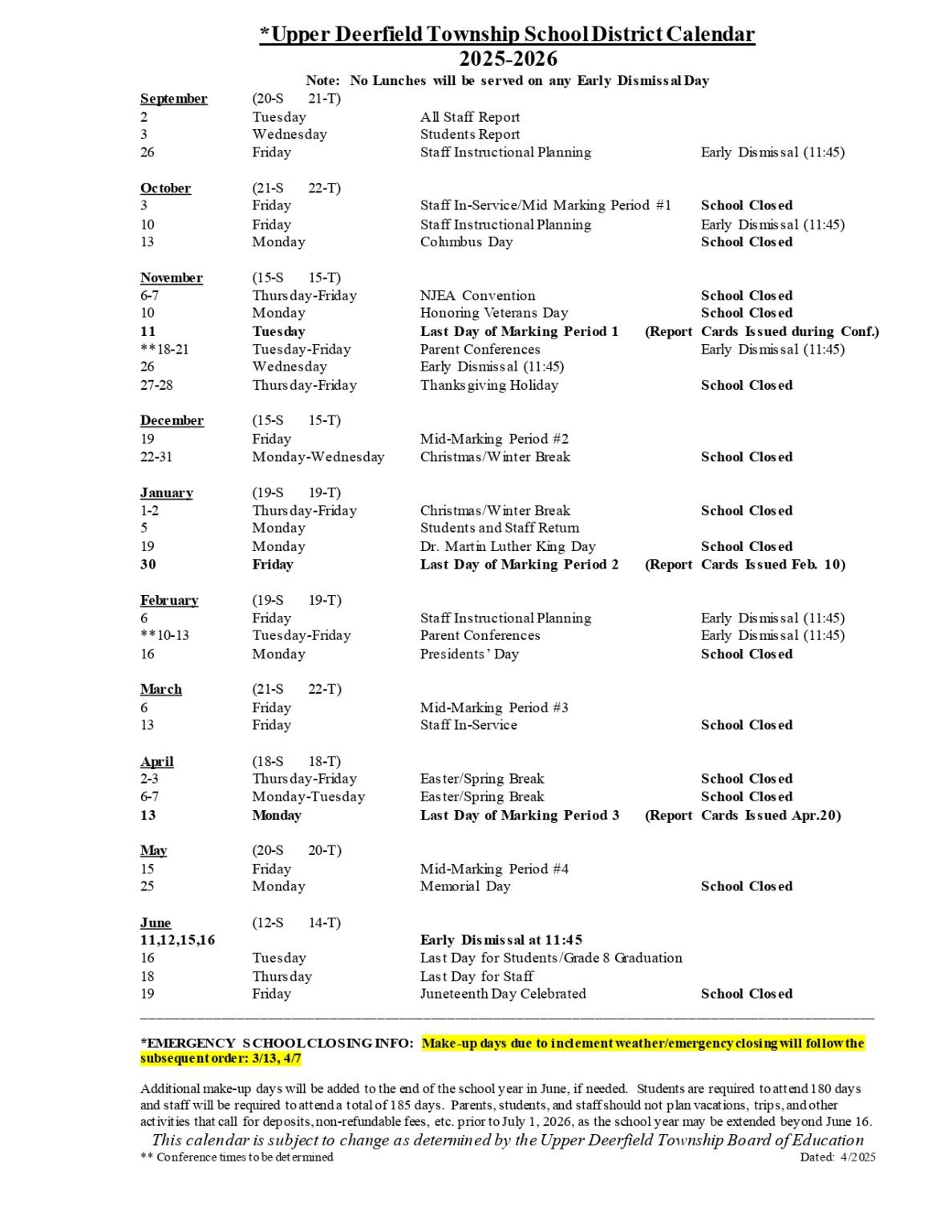 Upper Deerfield Township Schools Calendar 25-26 Revised [PDF] - EduCounty