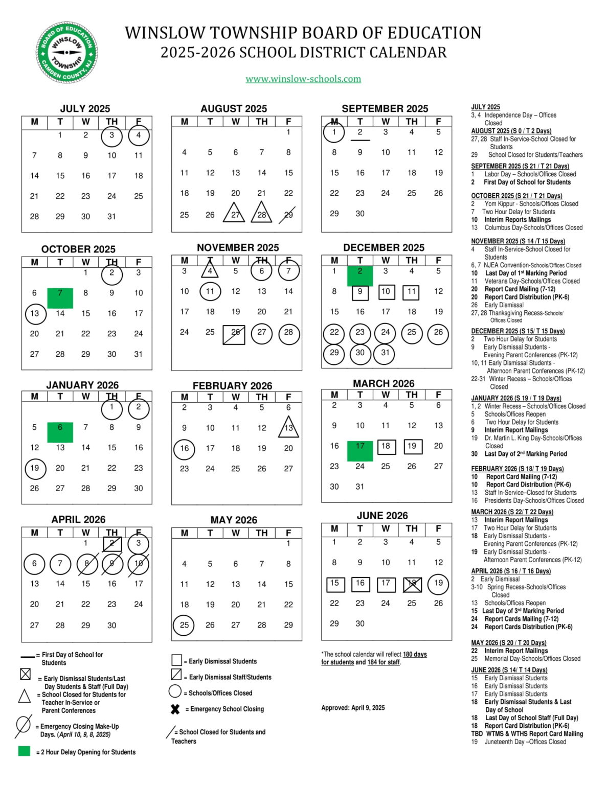 Winslow Township School District Calendar 25-26 Revised - EduCounty