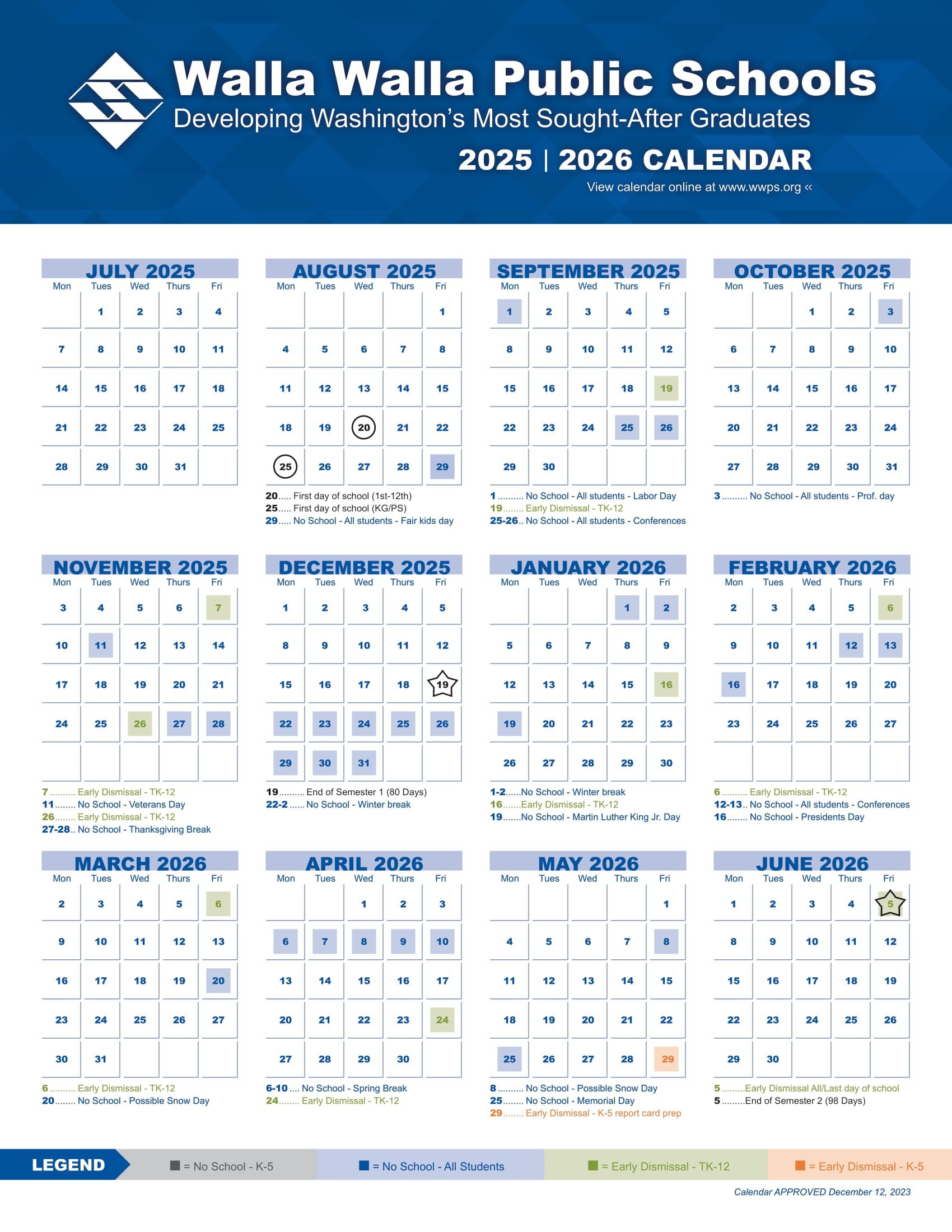 Walla Walla Public Schools Calendar 25-26 Revised [PDF] - EduCounty