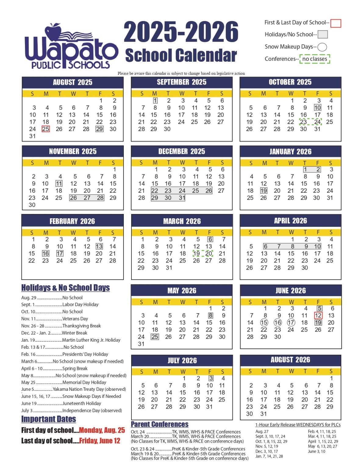 Wapato School district WA Calendar 25-26 Revised [PDF] - EduCounty