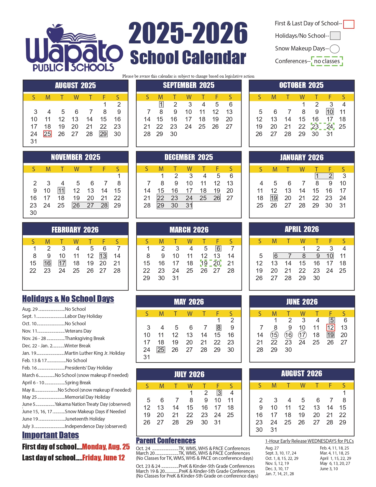 Wapato School district WA Calendar 25-26 Revised [PDF] - EduCounty