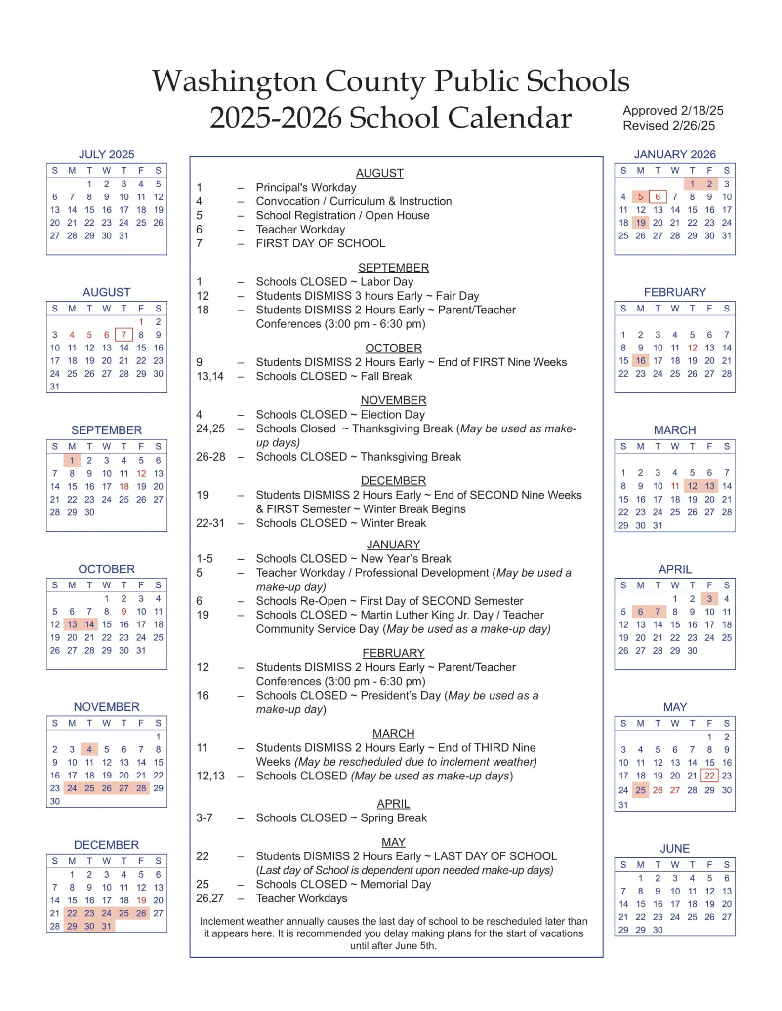 Washington County va Public Schools Calendar 25-26 Revised [PDF] - EduCounty