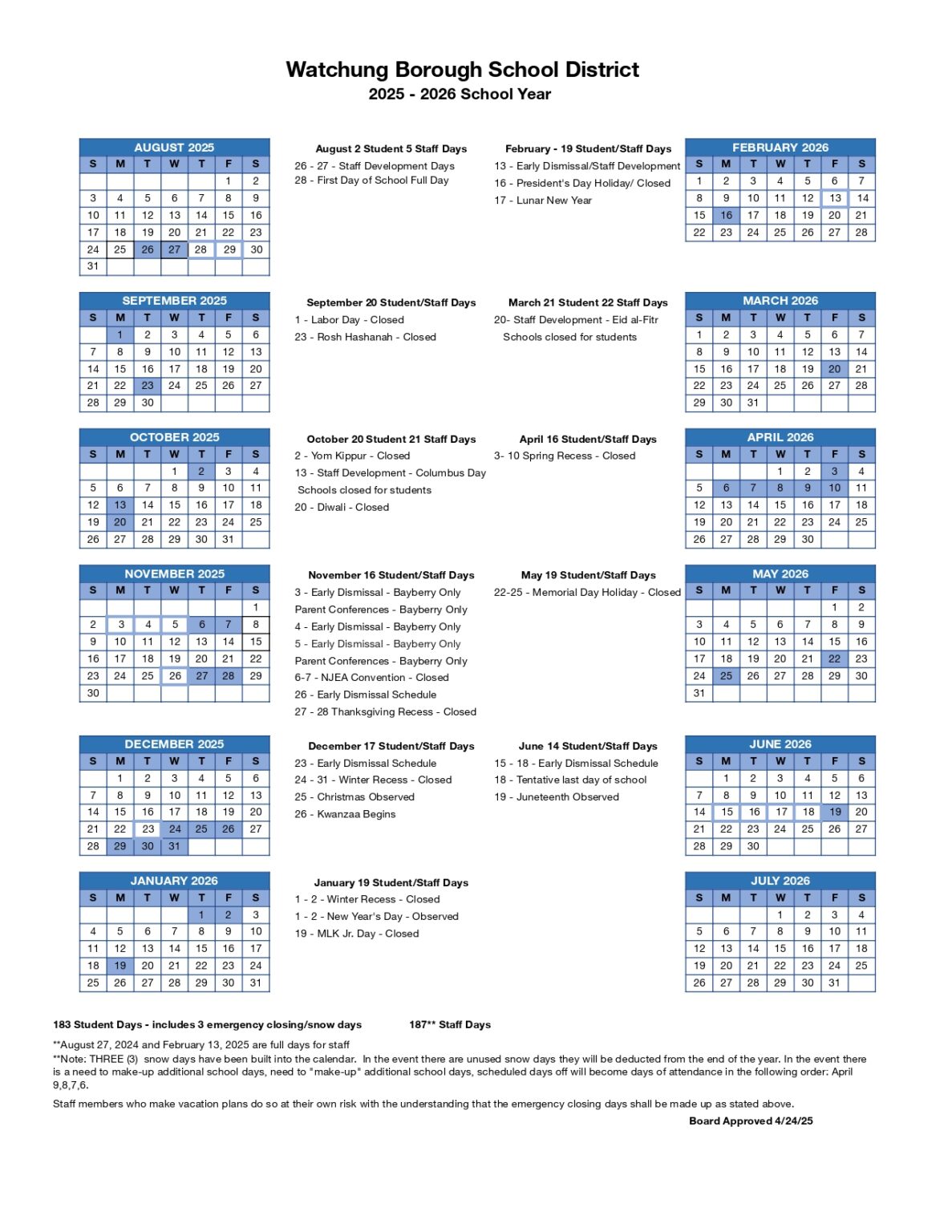 Watchung Borough School District Calendar 25-26 Revised [PDF] - EduCounty