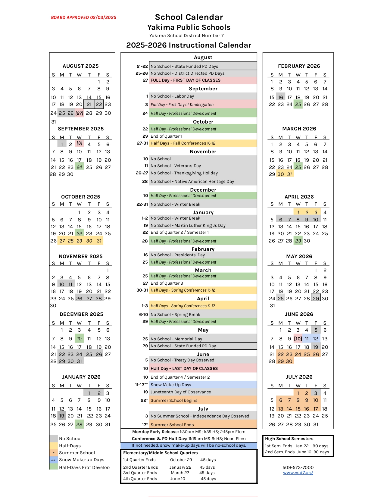 Yakima Public Schools WA Calendar 25-26 Revised [PDF] - EduCounty