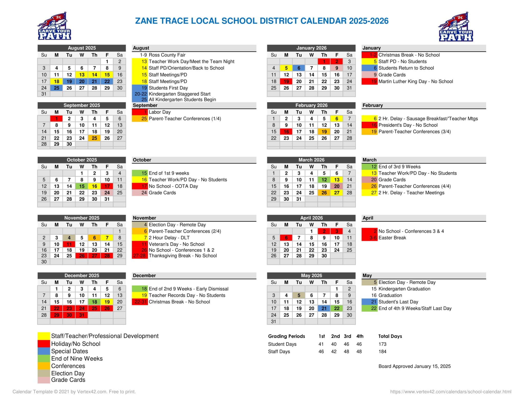 Zane Trace Local Schools Calendar 25-26 Revised [PDF] - EduCounty