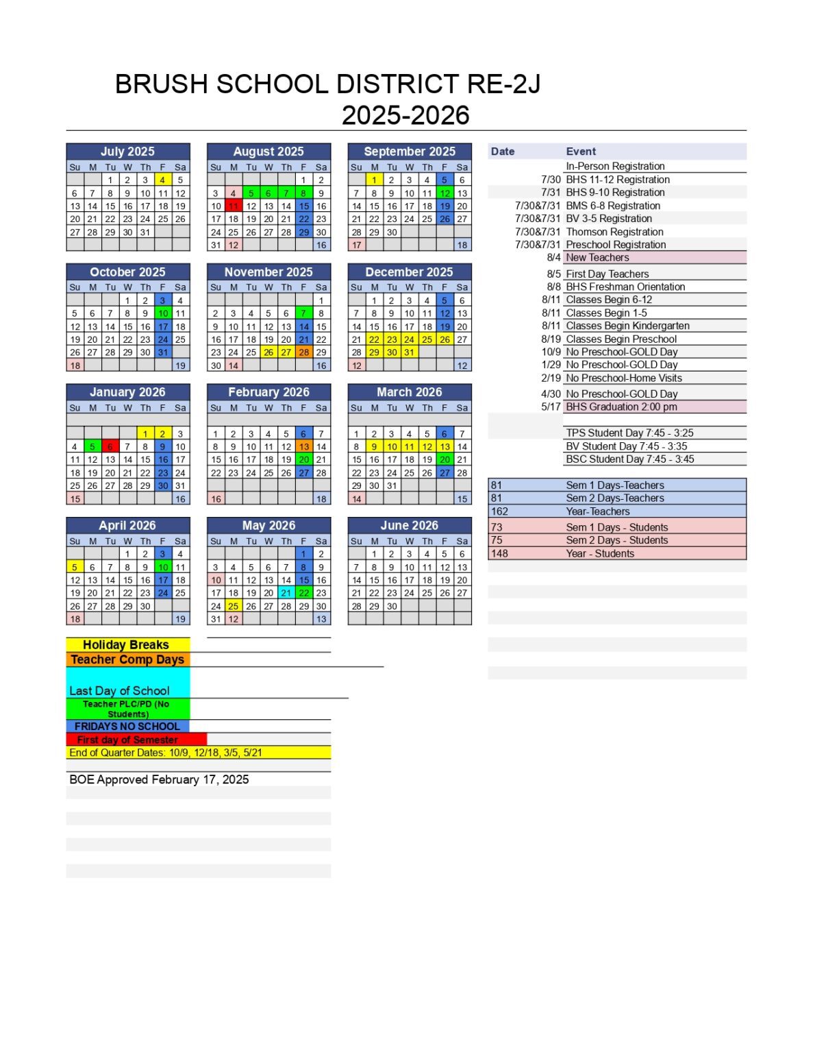 Brush School District co Calendar 25-26 Revised [PDF] - EduCounty