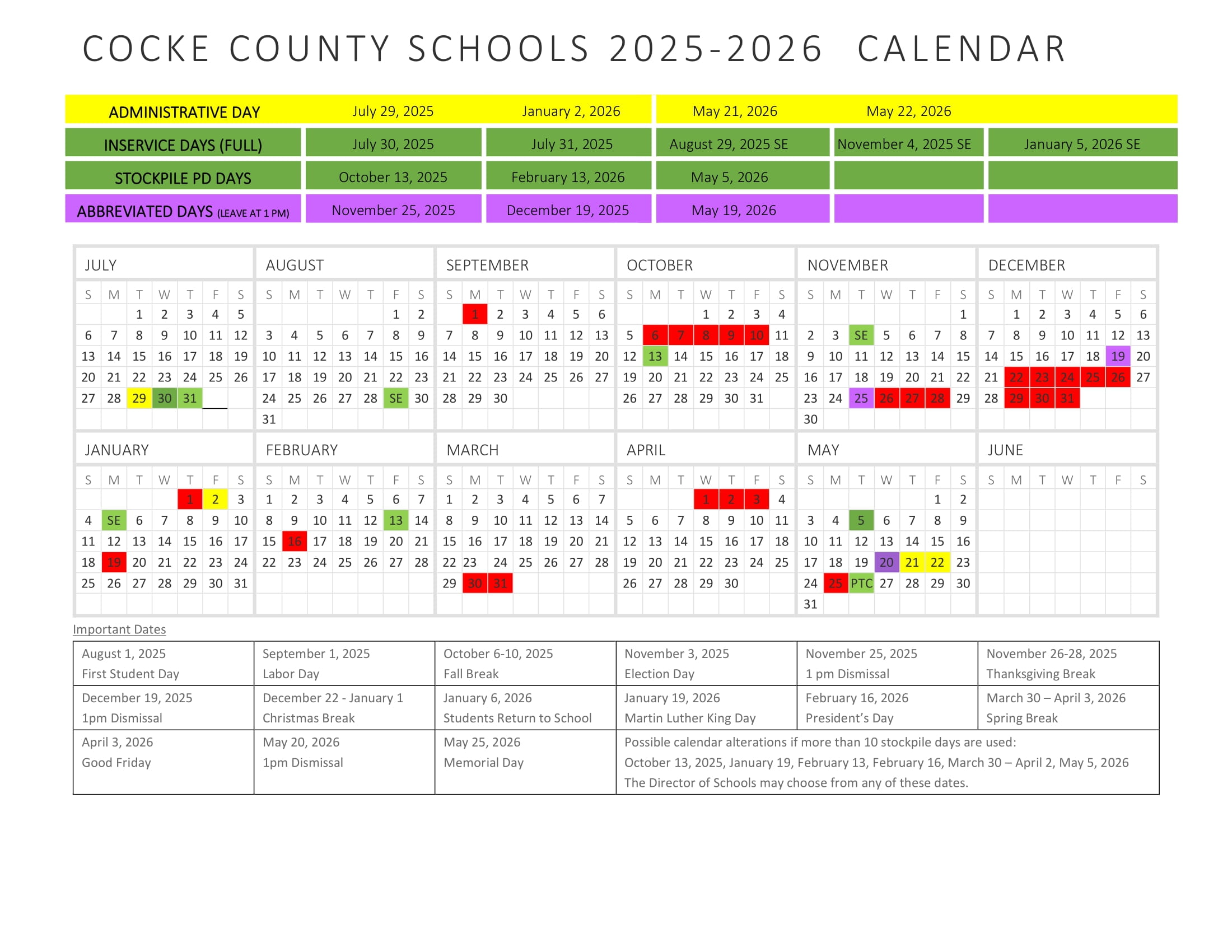 COCKE COUNTY SCHOOLS Calendar 25-26 Revised [PDF] - EduCounty