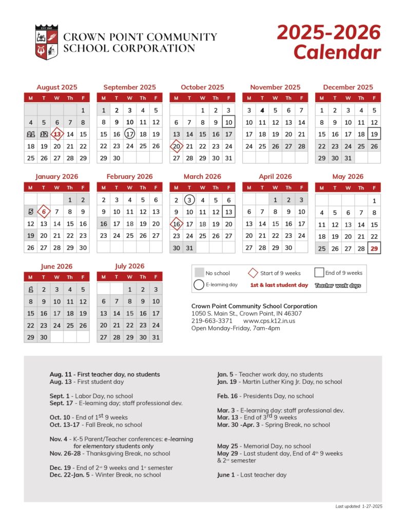Crown Point Community School Corporation CPS Calendar 25-26 Revised ...