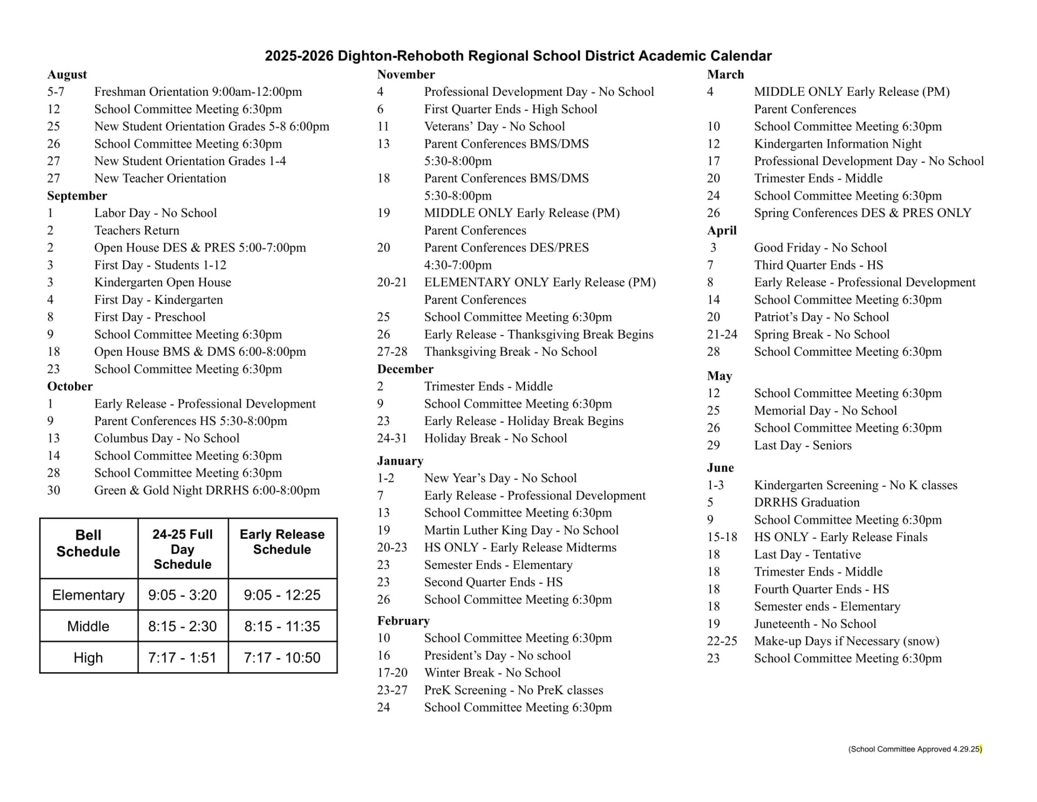 Dighton-Rehoboth Regional School District Calendar 25-26 Revised [PDF ...
