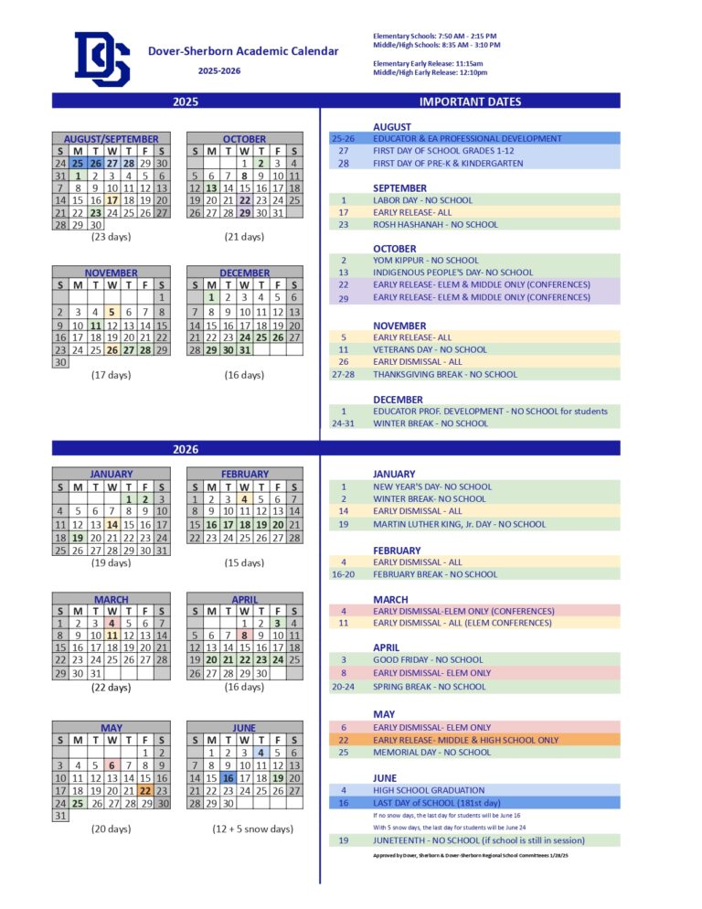 Dover-Sherborn Public Schools Calendar 25-26 Revised PDF - EduCounty