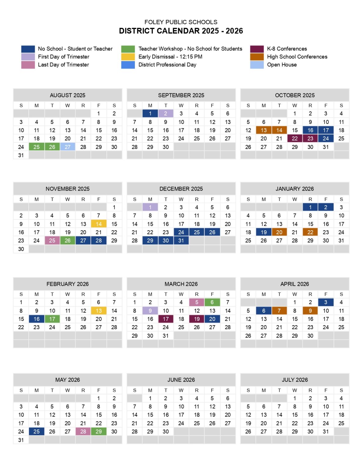 Foley Public Schools MN Calendar 25-26 Revised [PDF] - EduCounty