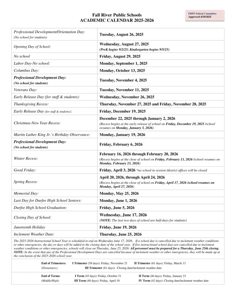 Fall River Public Schools Calendar 25-26 Revised [PDF] - EduCounty