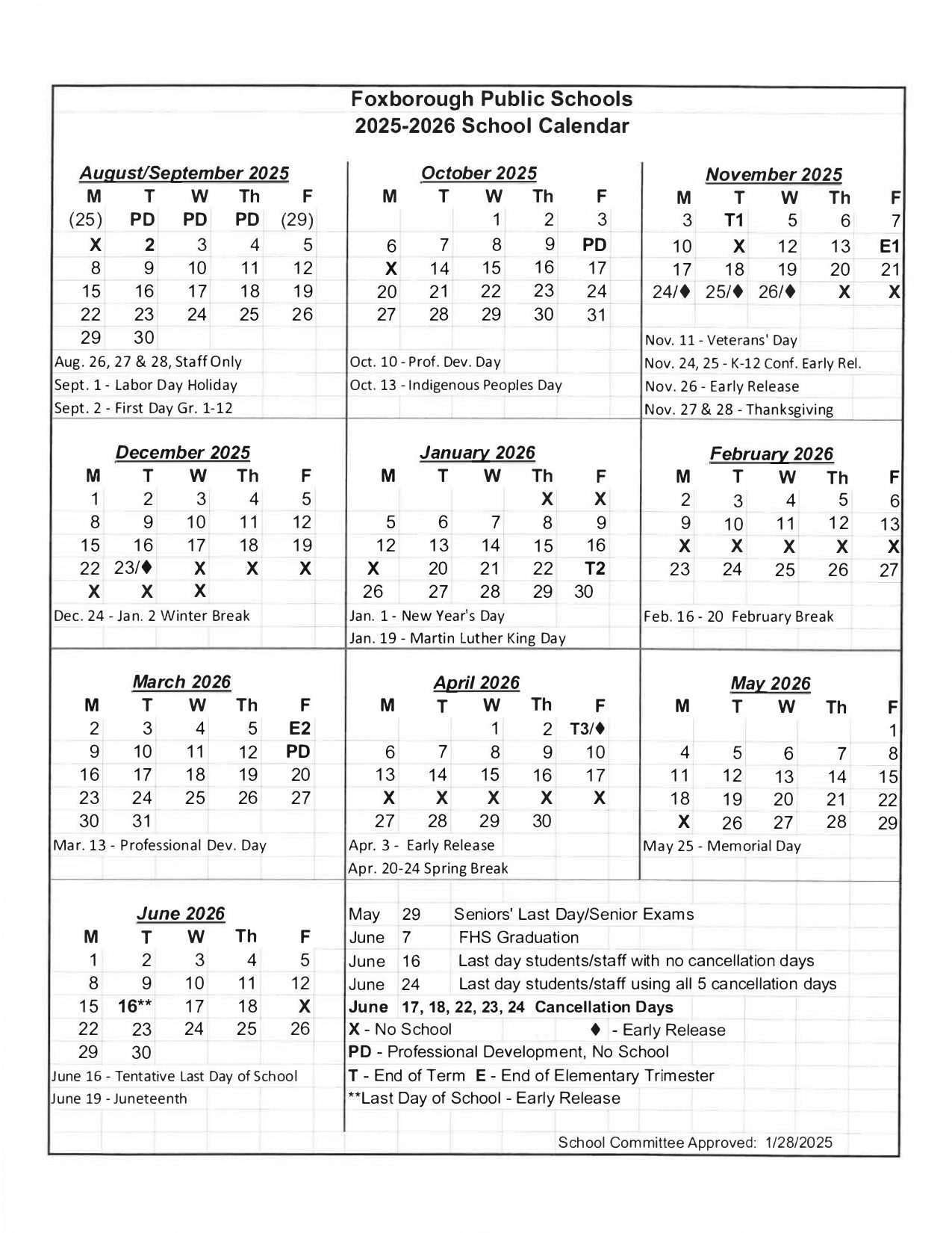 Foxborough Public Schools ma Calendar 25-26 Revised [pdf] - EduCounty