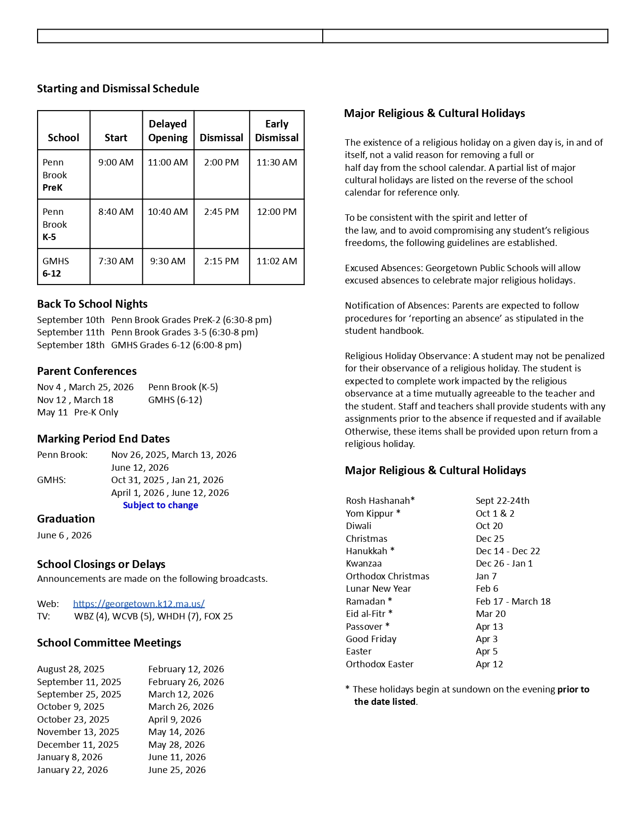 Georgetown Public Schools MA Calendar 25-26 Revised [PDF] - EduCounty