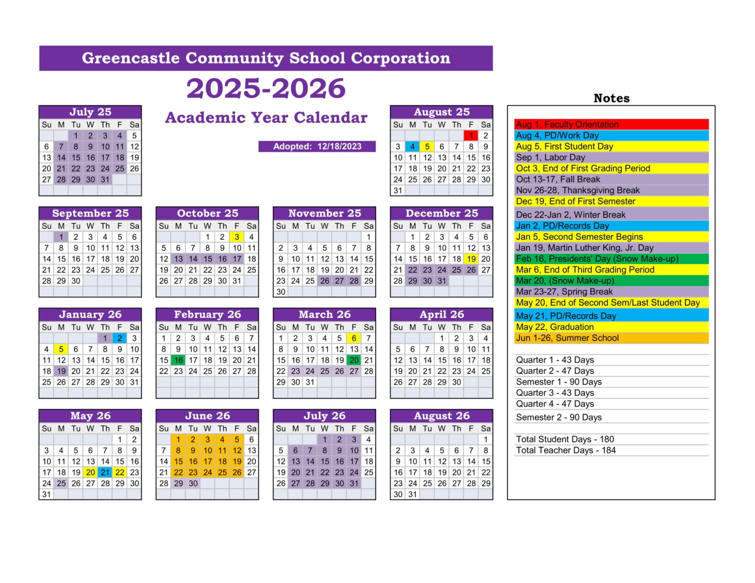 Greencastle Community School Calendar 25-26 Revised [pdf] - EduCounty