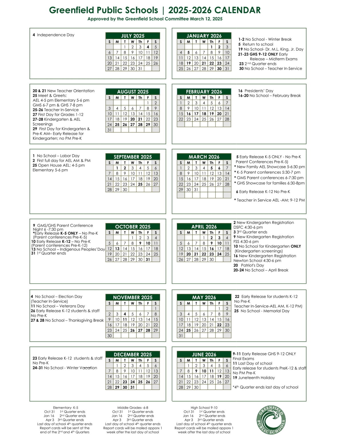 Greenfield Public Schools Calendar 25-26 Revised [PDF] - EduCounty