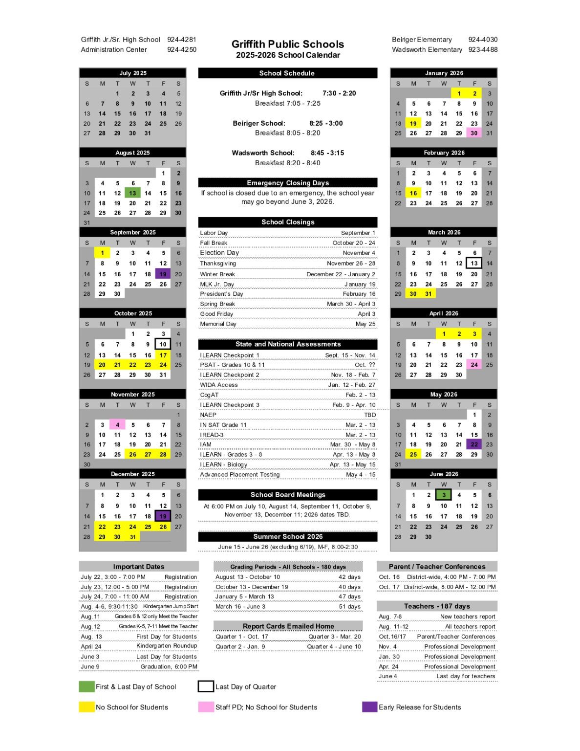 Griffith Public Schools Calendar 25-26 Revised [PDF] - EduCounty