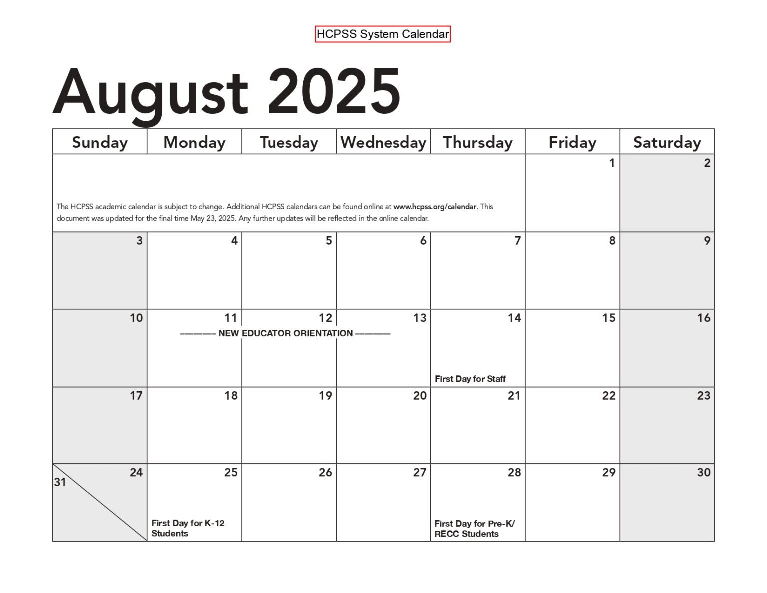 Howard County Public School System HCPSS Calendar 25-26 Revised [PDF ...