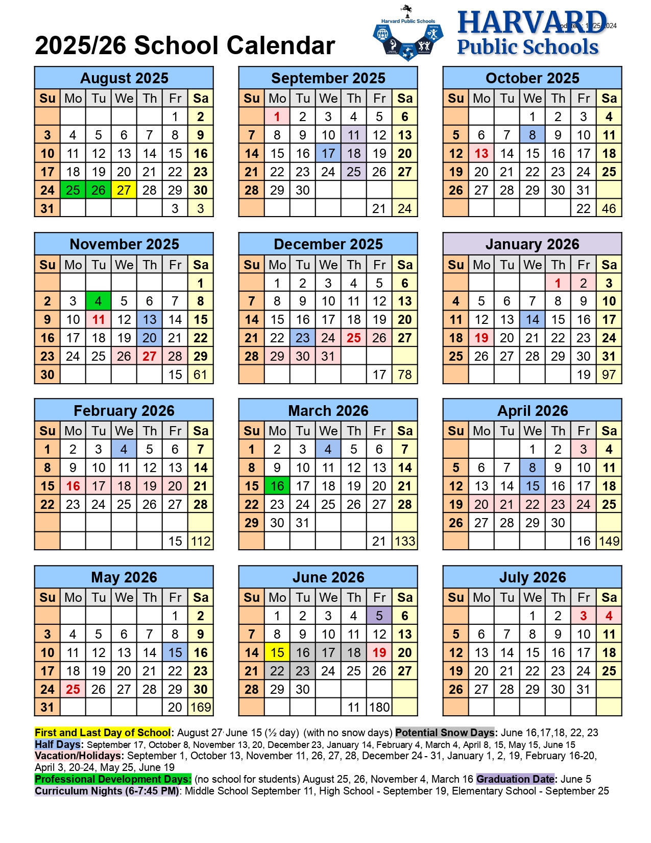 Harvard Public Schools Calendar 25-26 Revised [PDF] - EduCounty